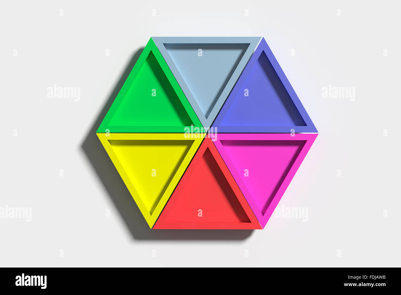 3d rendering of colorful triangles casting shadow on white background ...