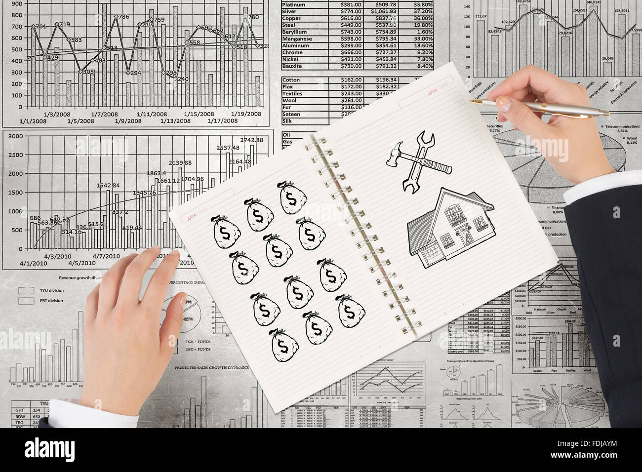 Businessman hands drawing money making formula in notepad Stock Photo ...