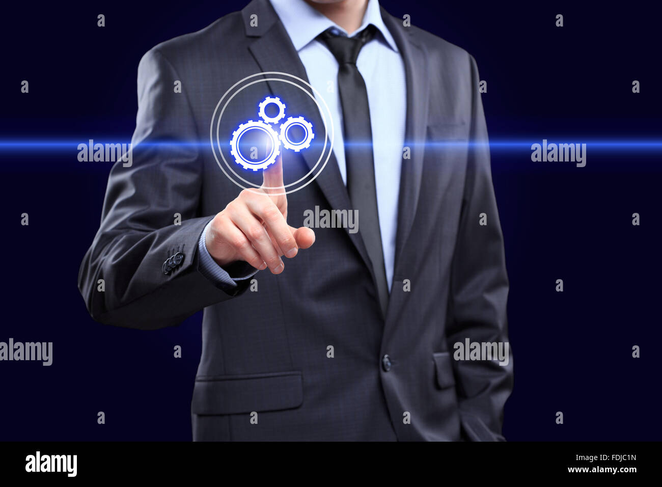 business, technology and internet concept - businessman pressing button ...