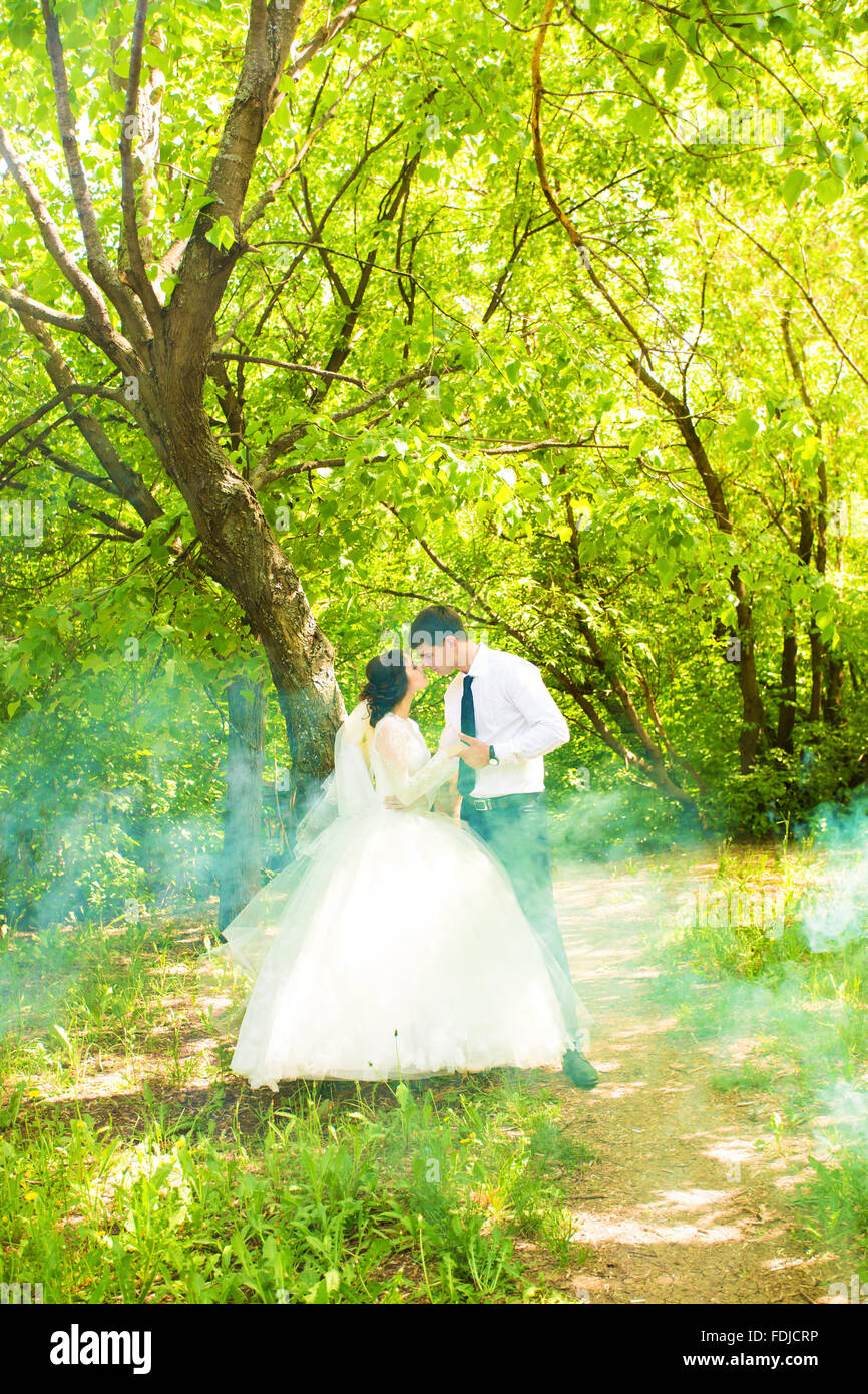Wedding in the park. Fog Stock Photo - Alamy