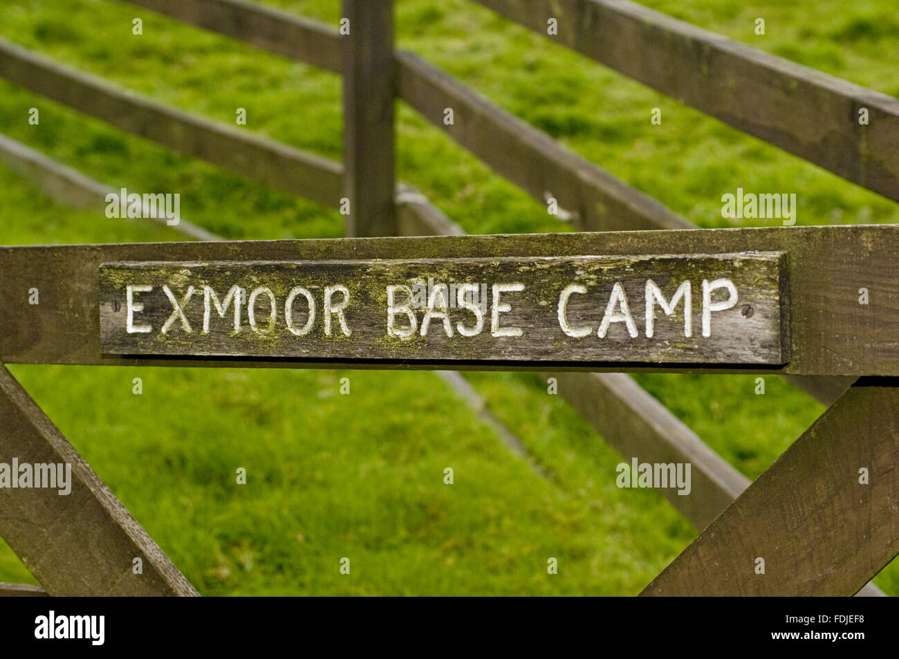Wooden sign on gate for the Exmoor Basecamp at Countisbury, near ...