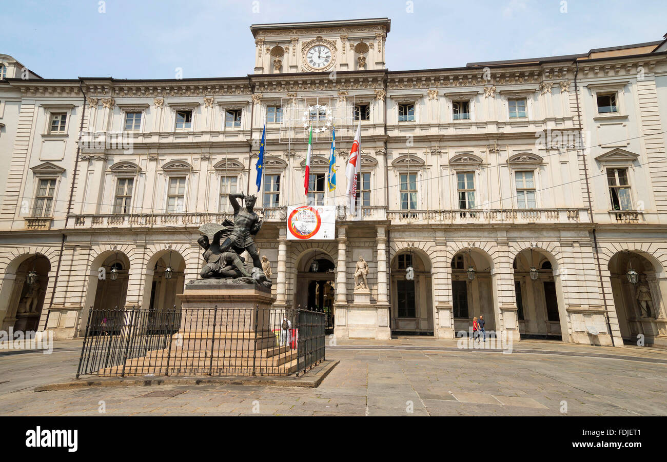 Town Hall Square in Turin,Italy ,with Town Hall building , the seat of ...