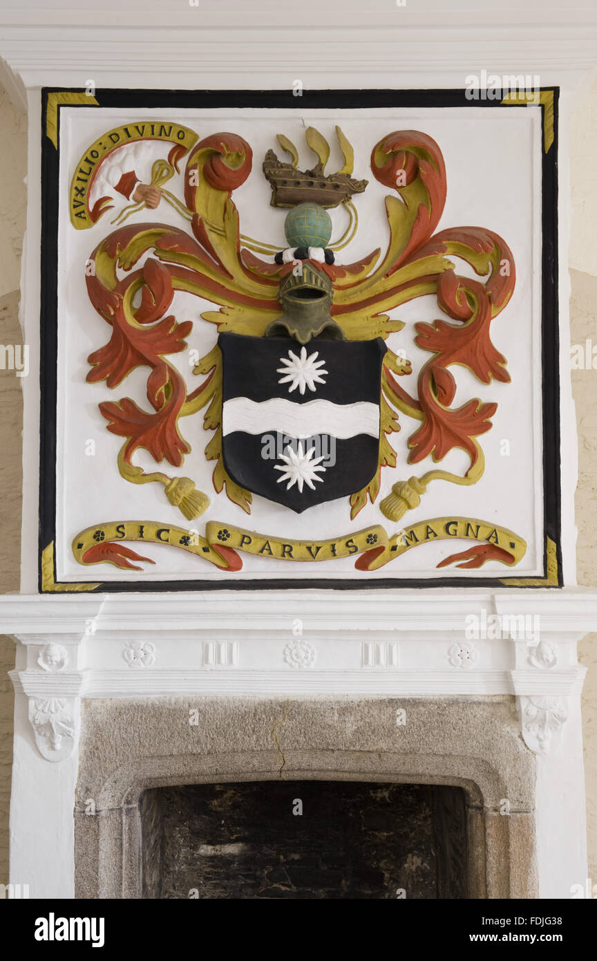 The coat of arms of Sir Francis Drake on the plaster overmantel in the ...
