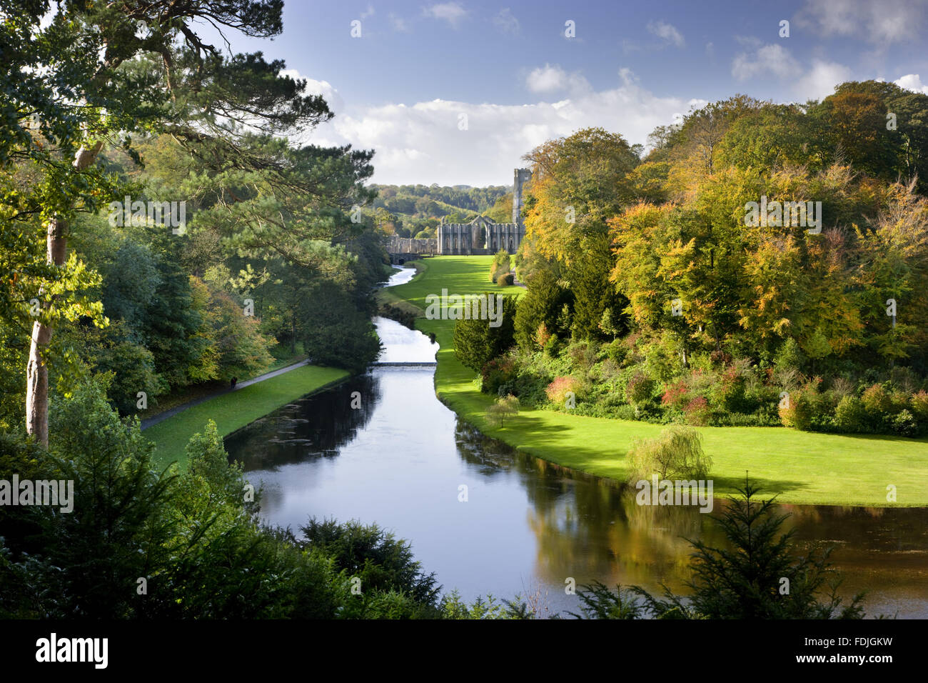 Looking over the Half Moon Pond and weir of Studley Royal Water Garden ...