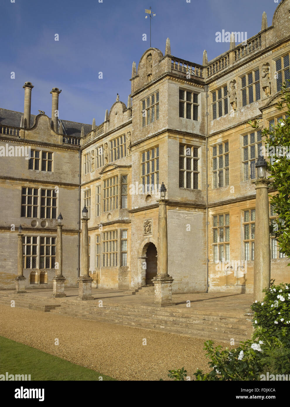 The projecting bay and entrance on the east front at Montacute House ...