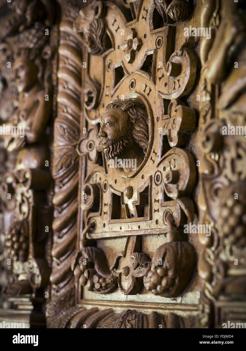 Wood carving above the fireplace in the Muniment Room at Hartwell House ...