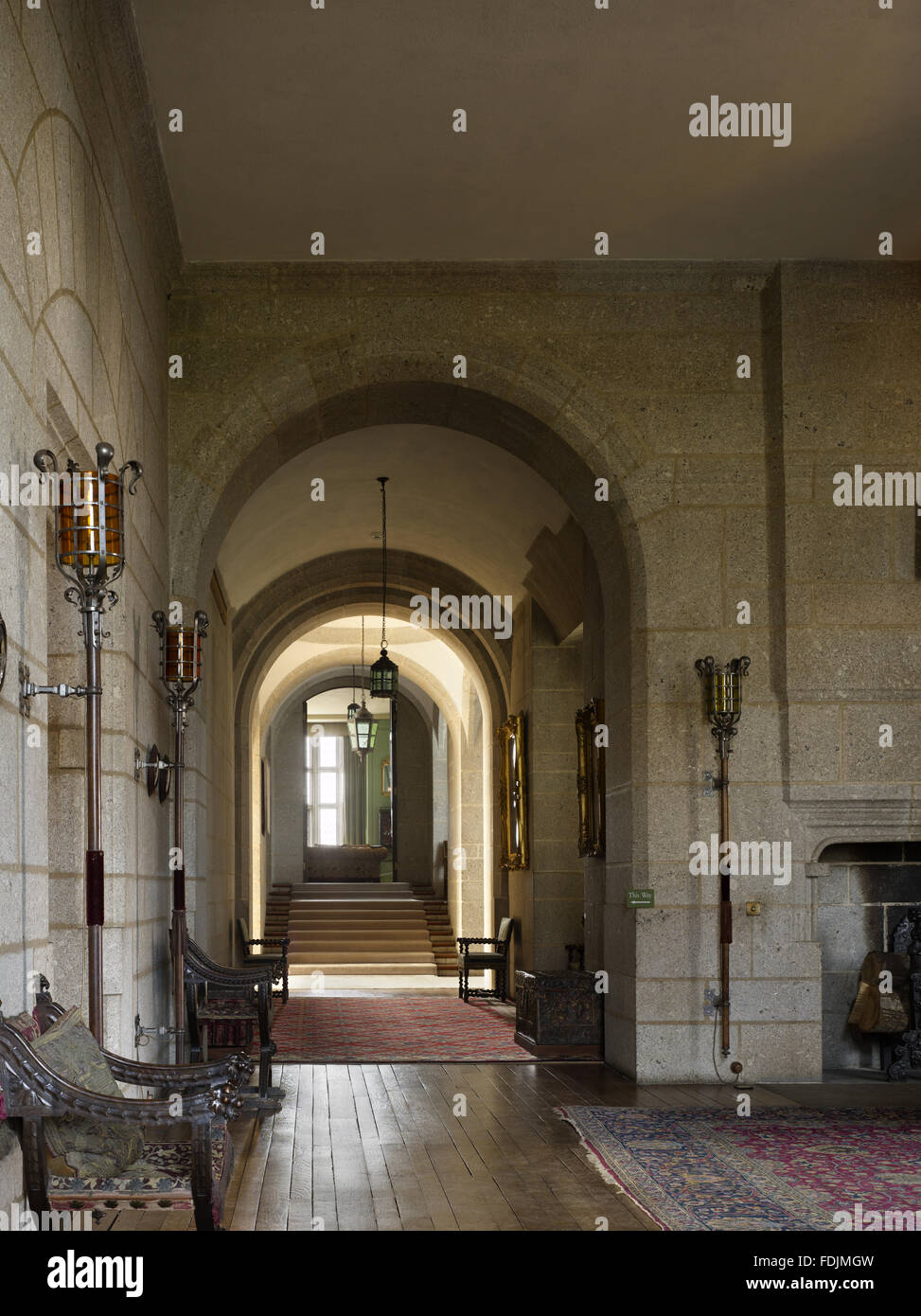 The Entrance Hall and Corridor at Castle Drogo, Devon. Architect Edwin ...