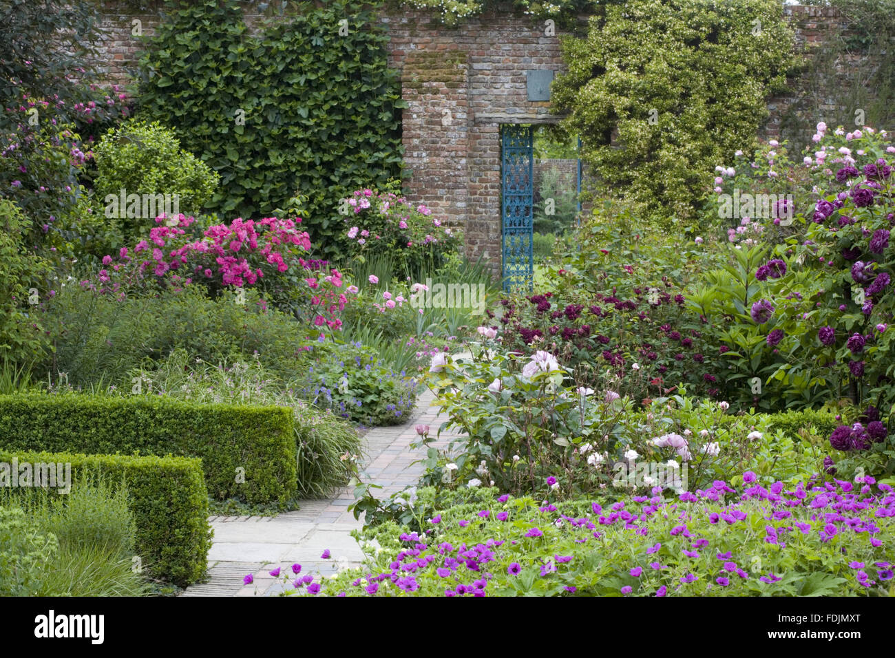 Paved path leading to the wrought iron gate in the Rose Garden in June ...