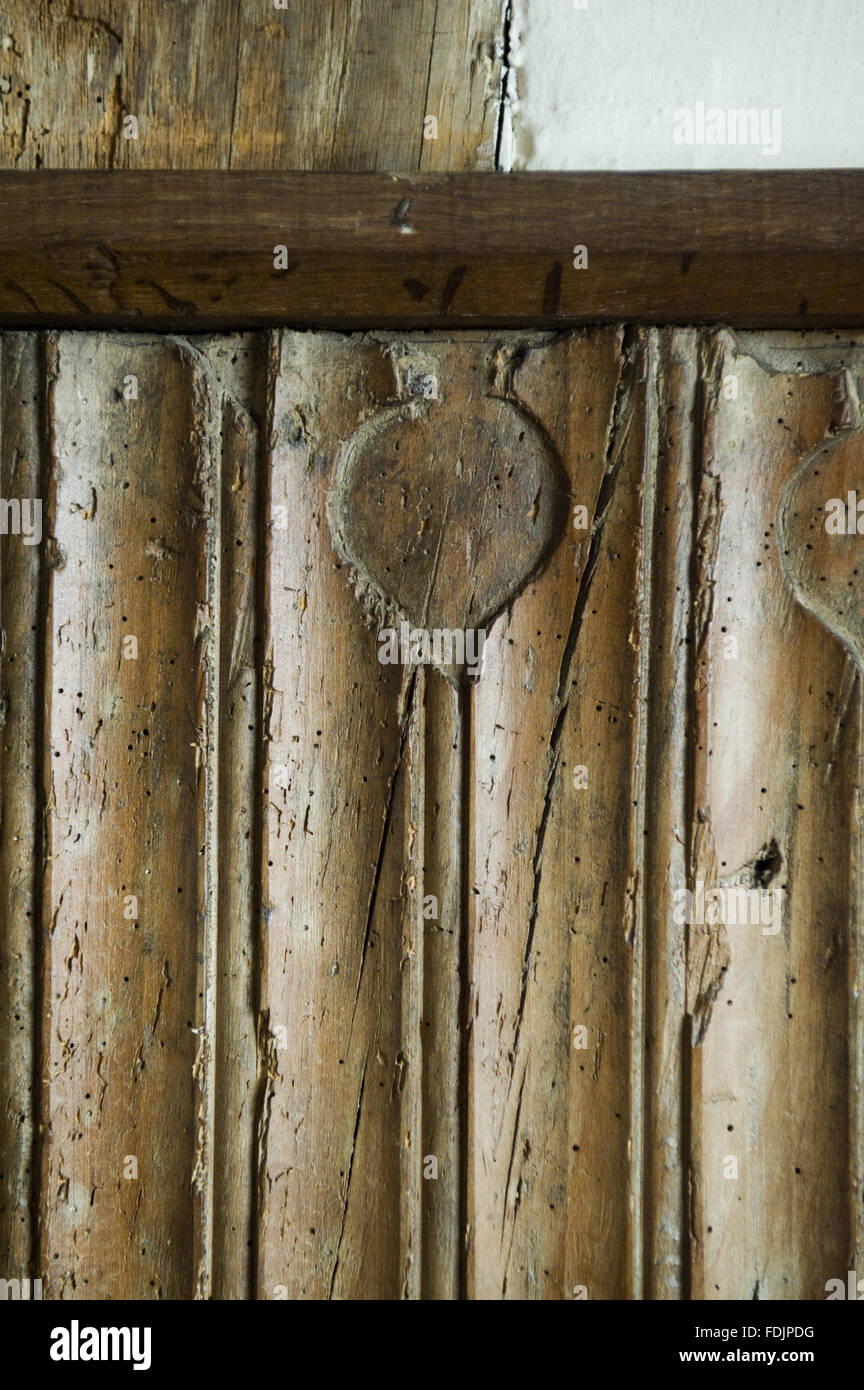 Close view of wooden panelling at the Guildhall of Corpus Christi in ...