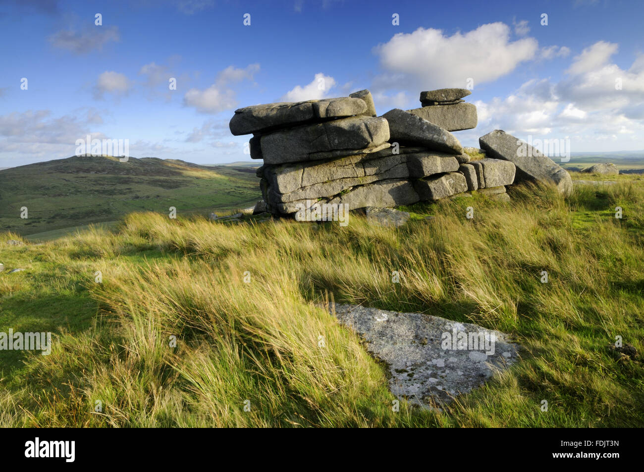 The granite outcrops of Rough Tor, Bodmin Moor, North Cornwall. The ...
