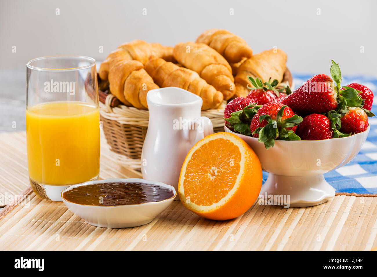 Breakfast with assortment of pastries, coffees and fresh strawberries ...