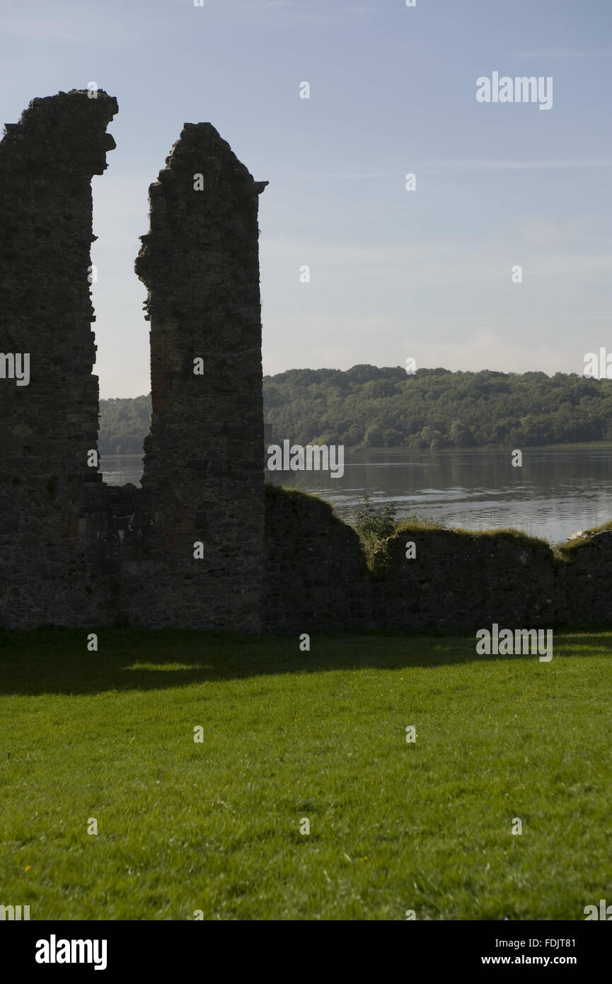 Ruins of the old tower-house on the shore of Lough Erne at Crom, Co ...