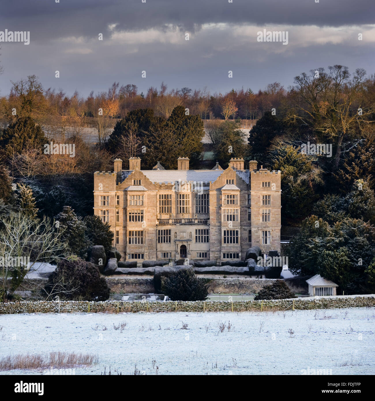 A winter view of Fountains Hall, built between 1598 and 1611 with ...