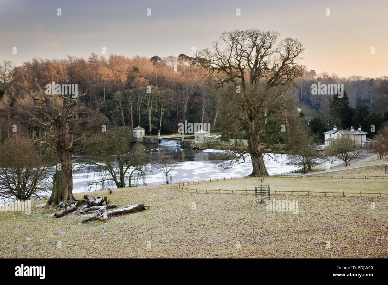 An winter view to the lake from the deer park at Studley Royal Water ...