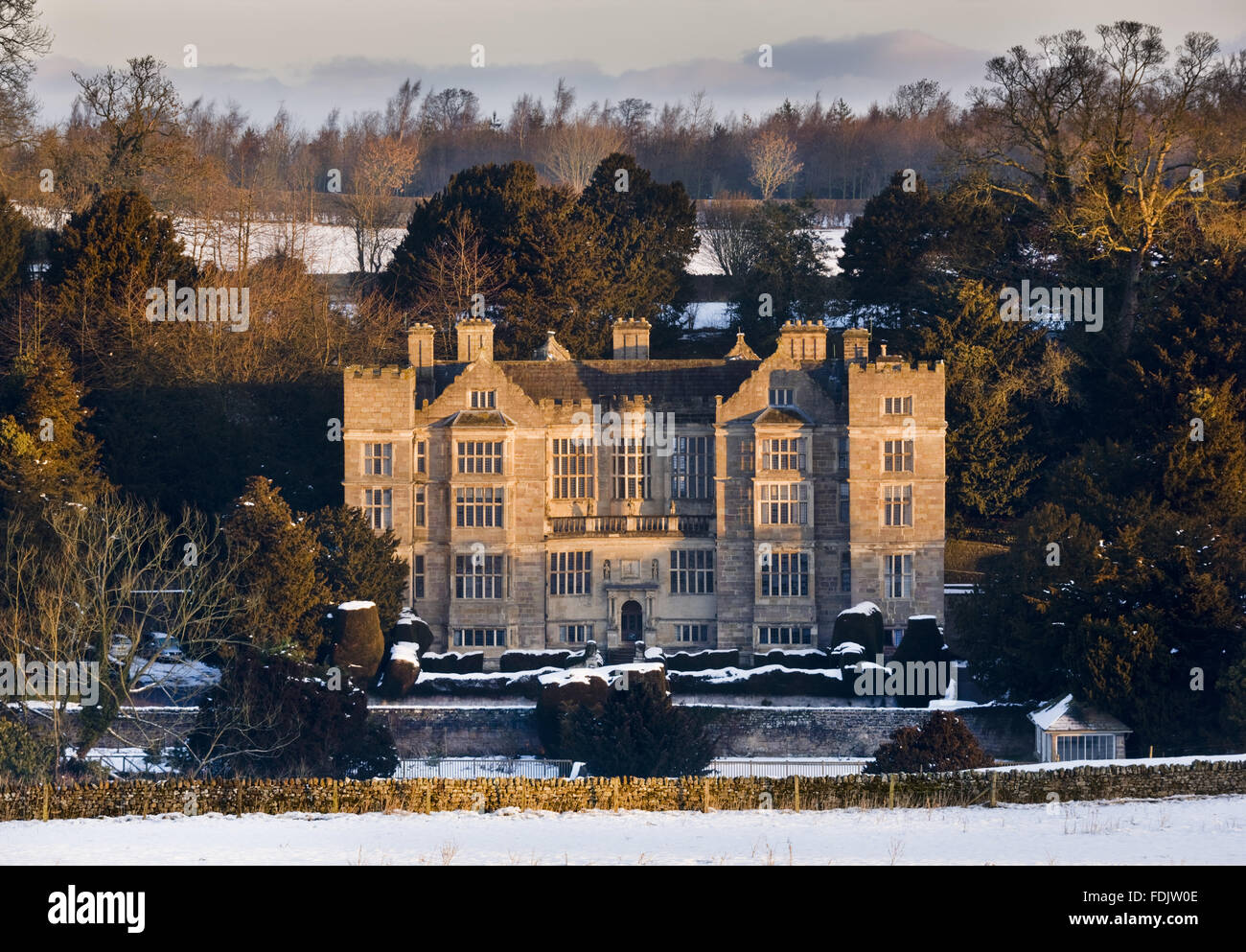 A winter view of Fountains Hall, built between 1598 and 1611 with ...