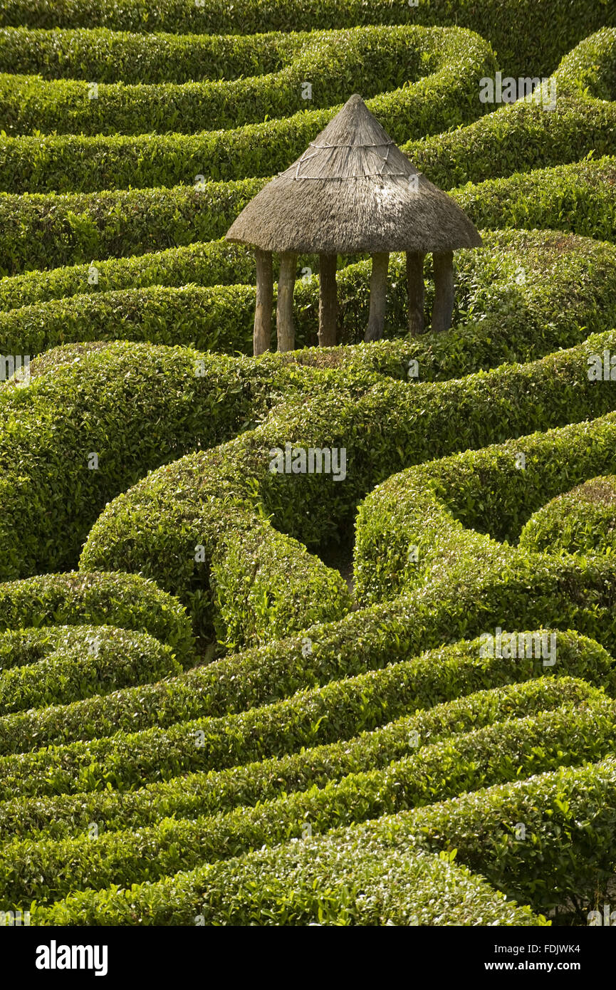 An overview of the thatched gazebo in the centre of the laurel maze at ...