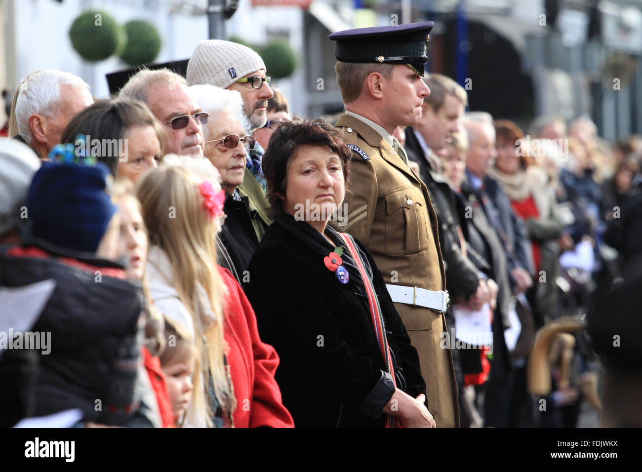 A crowd watches the Remembrance Day Parade, Abergavenny, 2014 Stock ...