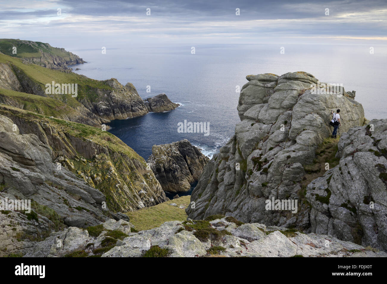 Granite stacks on the west coast of Lundy, looking south. The island is ...