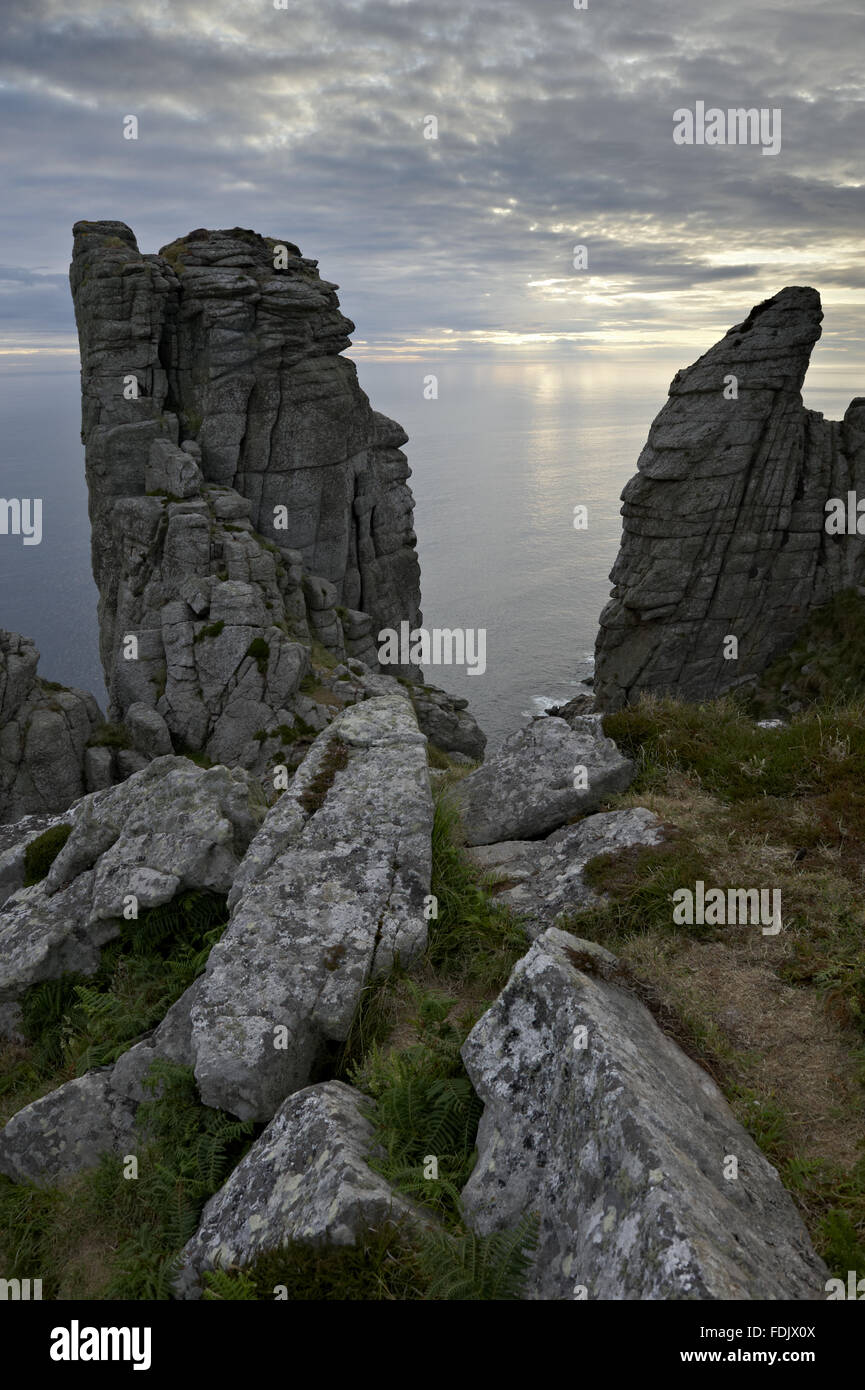 Granite stacks on the west coast of Lundy. The island is a Site of ...
