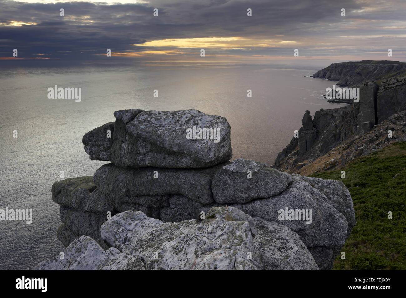 Granite stacks on the west coast of Lundy. The island is a Site of ...