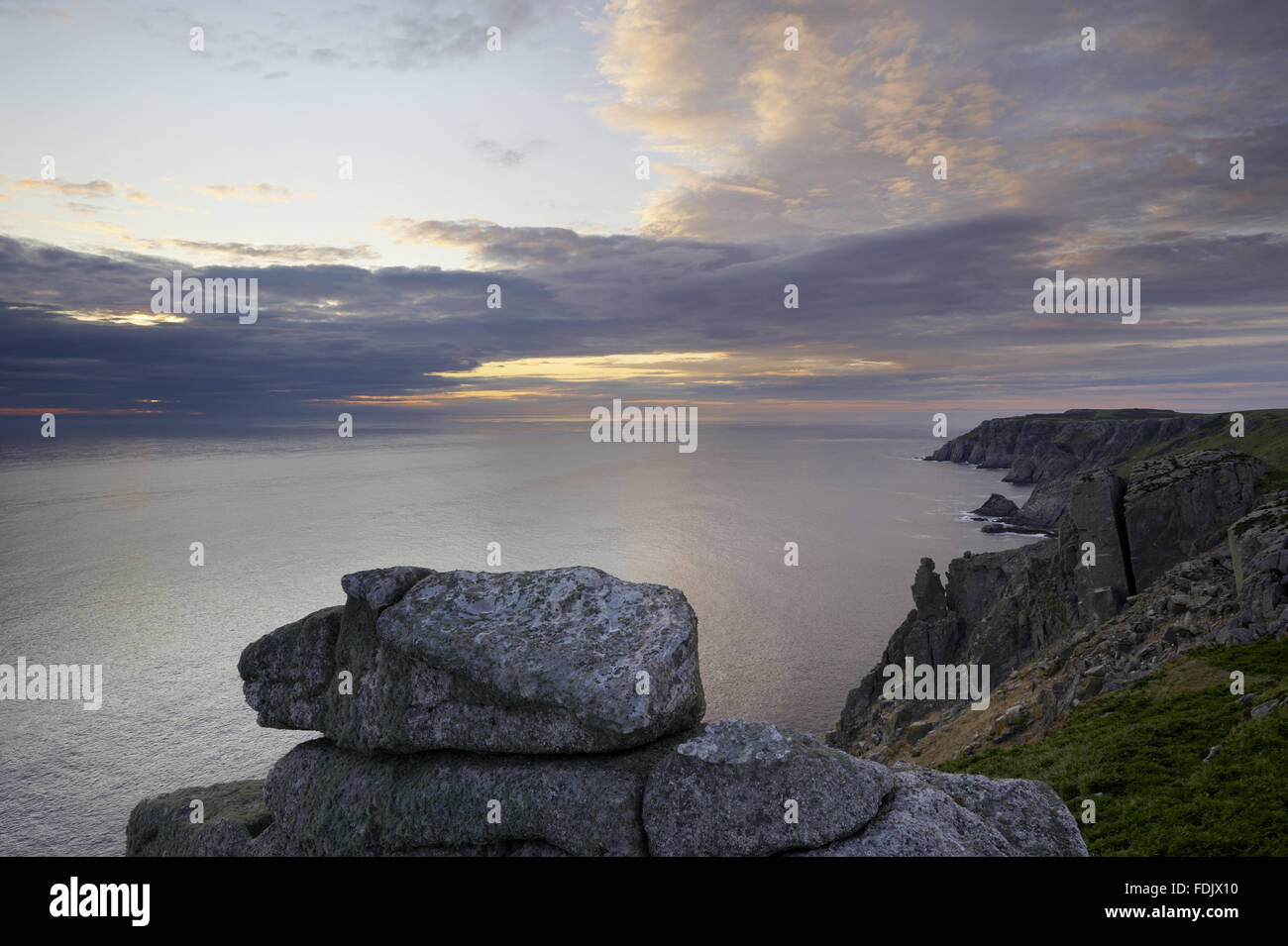 Granite stacks on the west coast of Lundy. The island is a Site of ...