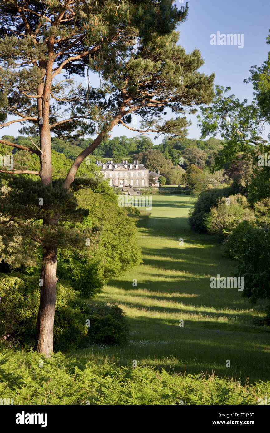 The view from Jupiter Point down to the house at Antony, Cornwall Stock ...