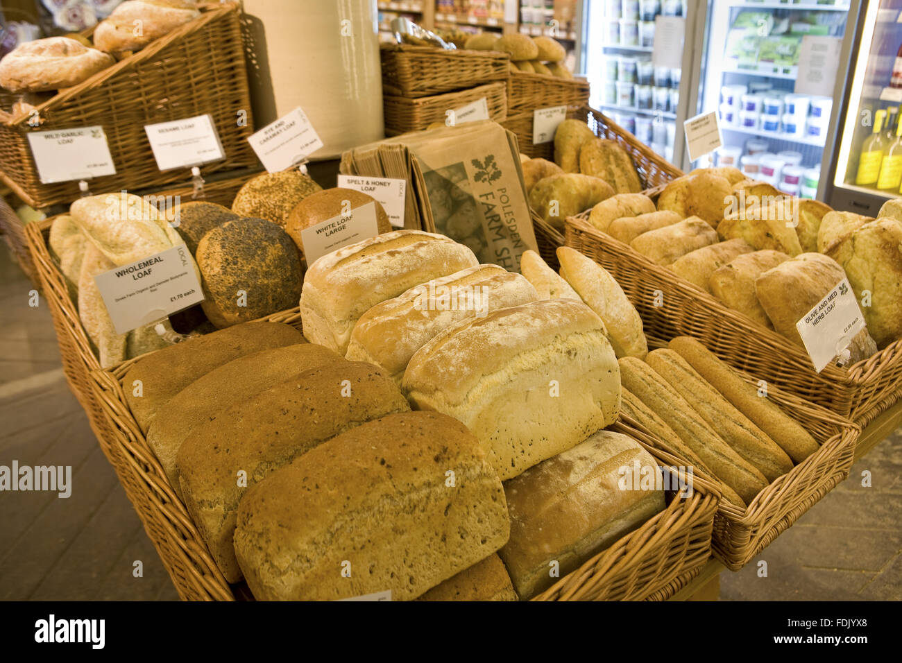 Bread on sale in the National Trust Farm Shop at Polesden Lacey, Surrey ...