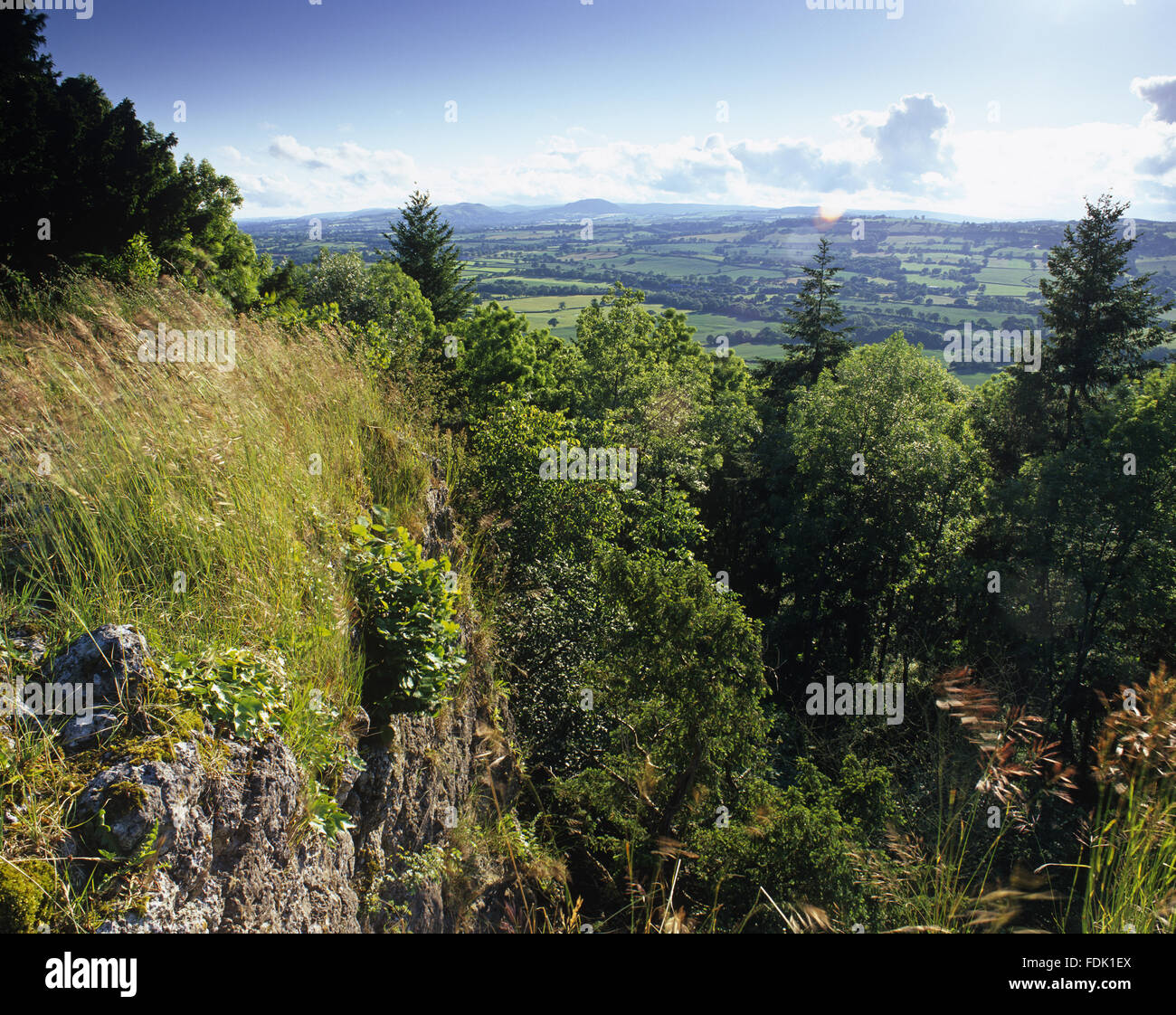 A summer view from the escarpment Wenlock Edge at Hill Top, Shropshire ...