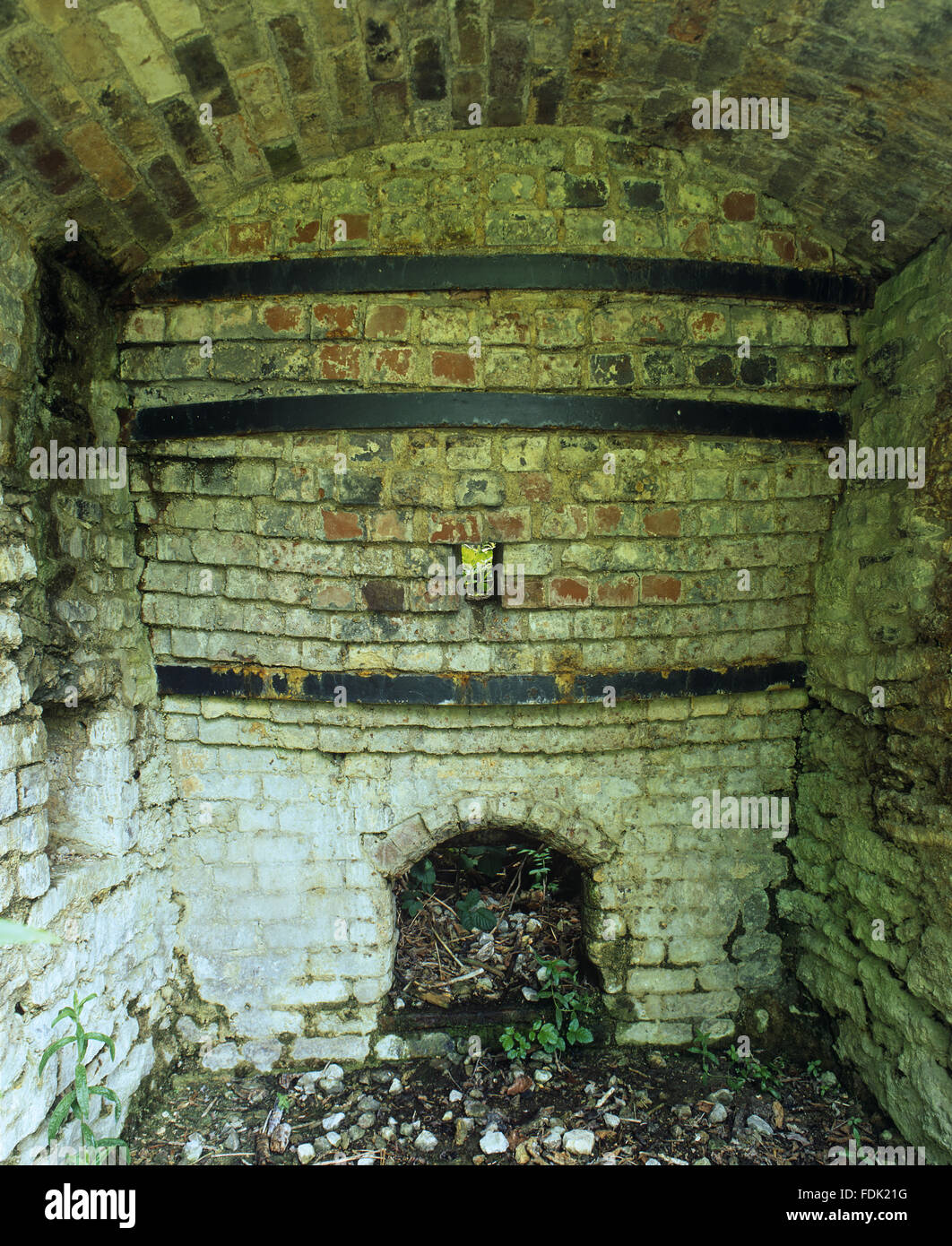 Inside the disused Knowle Quarry lime kiln at Wenlock Edge, Shropshire ...