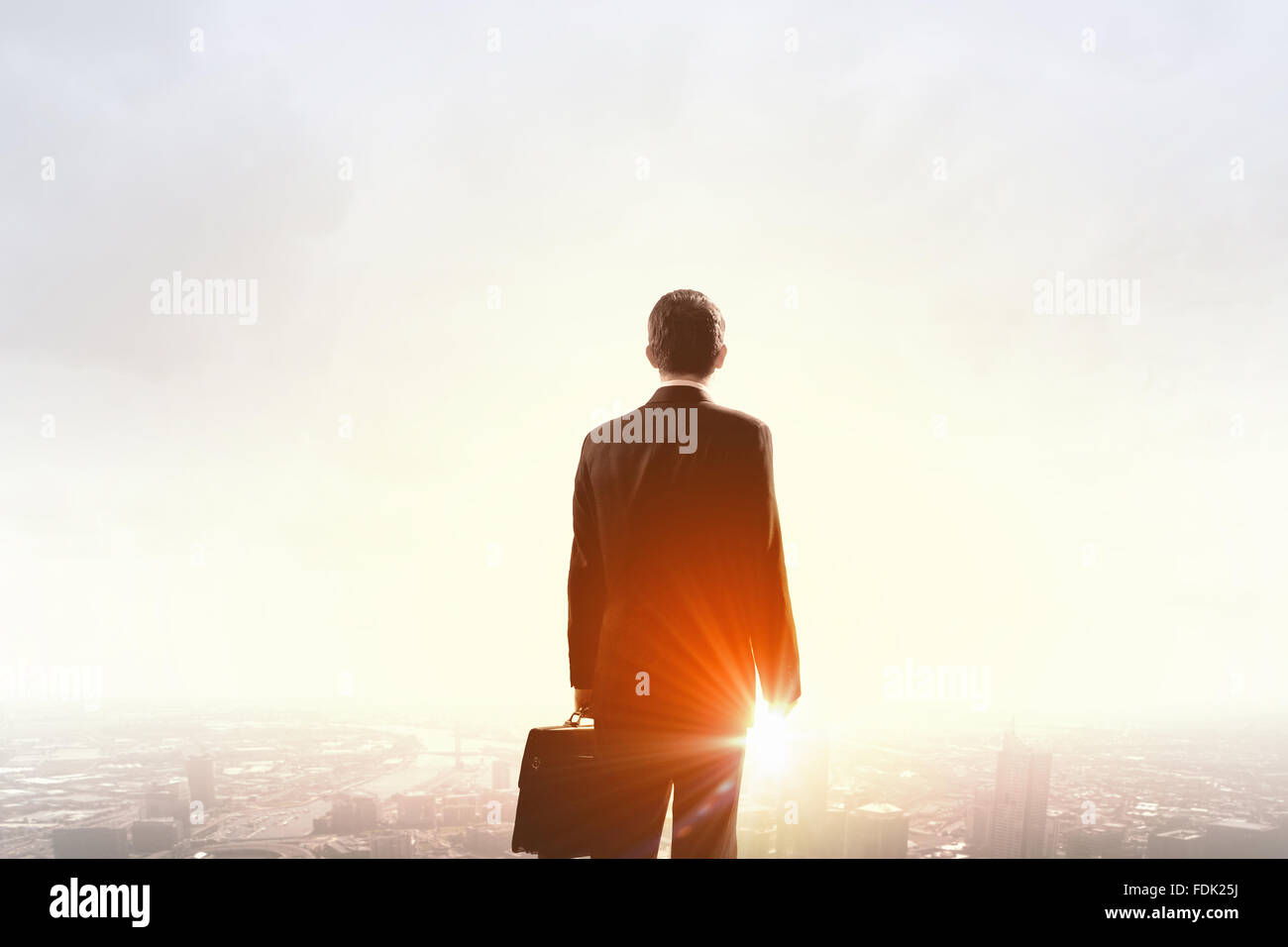 Rear view of businessman looking at sunset above city Stock Photo - Alamy