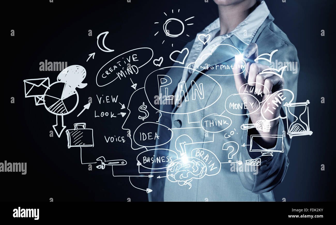 Chest view of businesswoman drawing business strategy sketches Stock ...