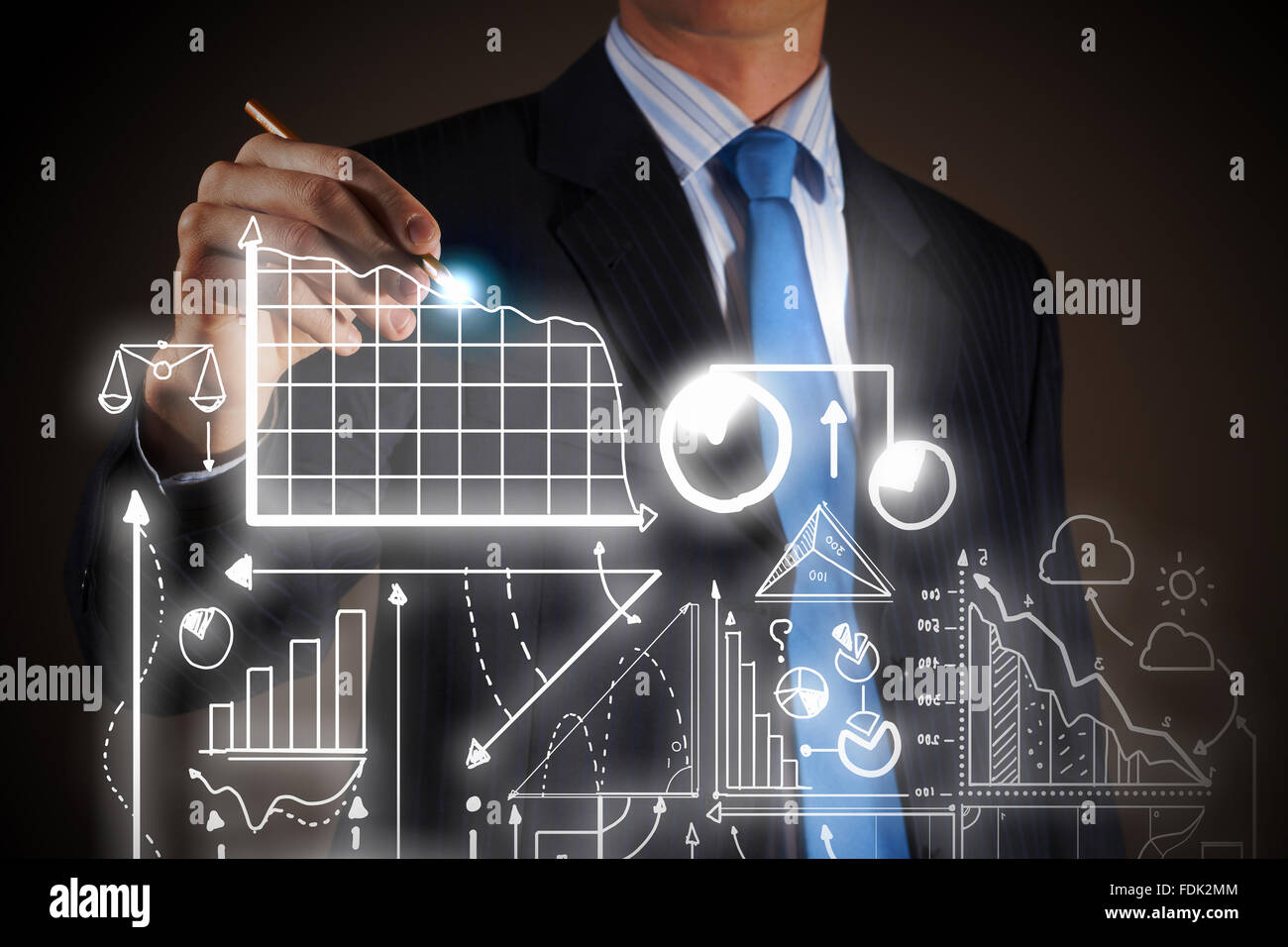 Chest view of businessman drawing with pencil increasing graph Stock ...