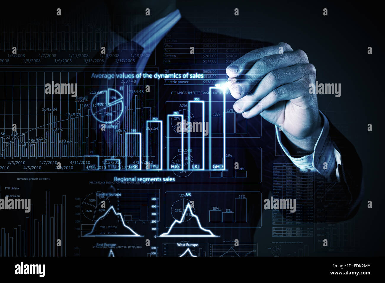 Chest view of businessman drawing with pencil increasing graph Stock ...