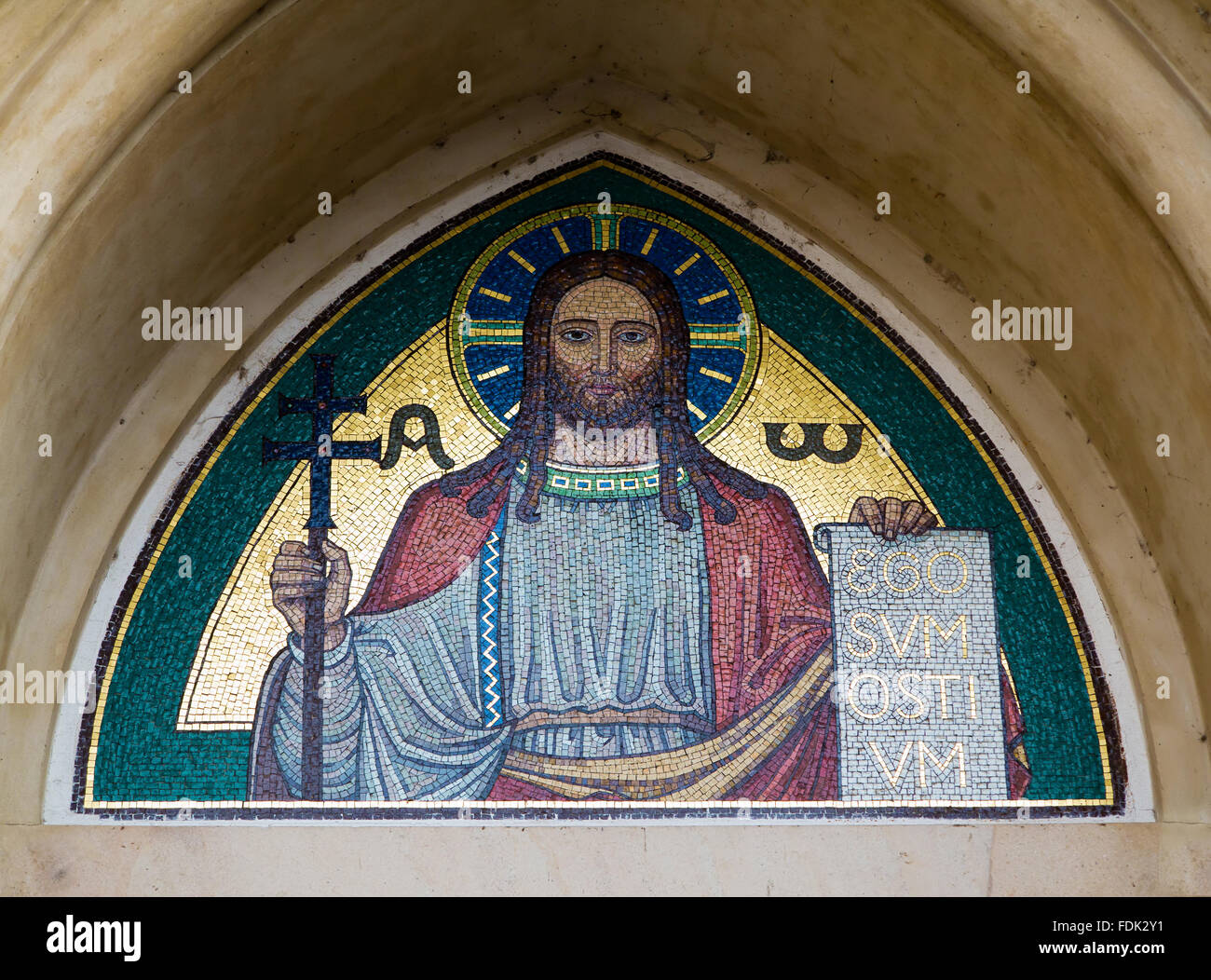 Mosaic of Jesus Christ above the entrance portal in the Emmaus ...