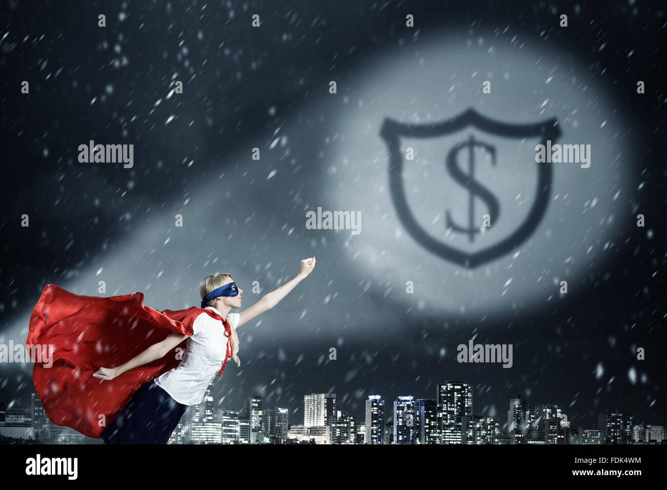 Young woman super hero and dollar sign in spotlight Stock Photo - Alamy