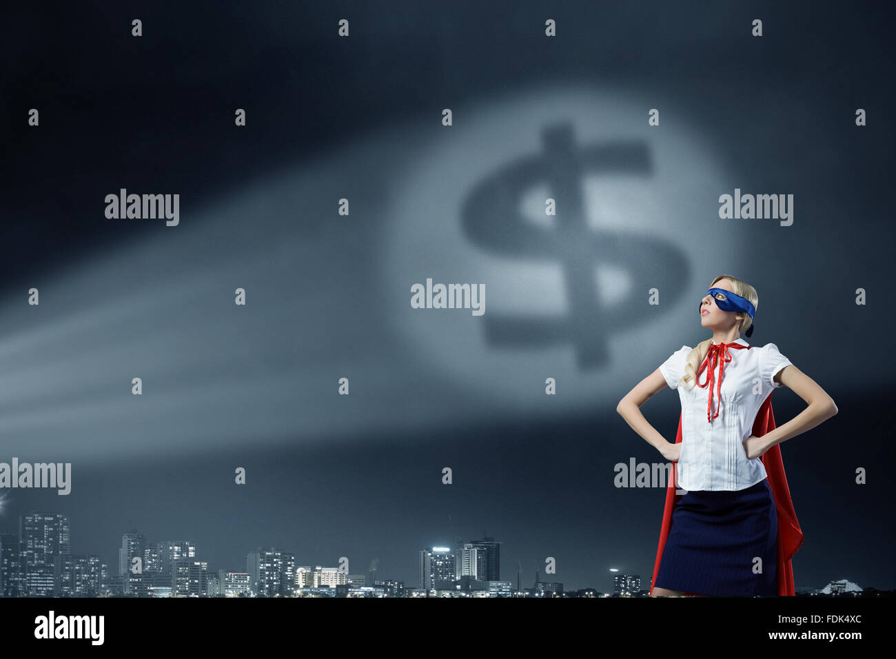 Young woman super hero and dollar sign in spotlight Stock Photo - Alamy