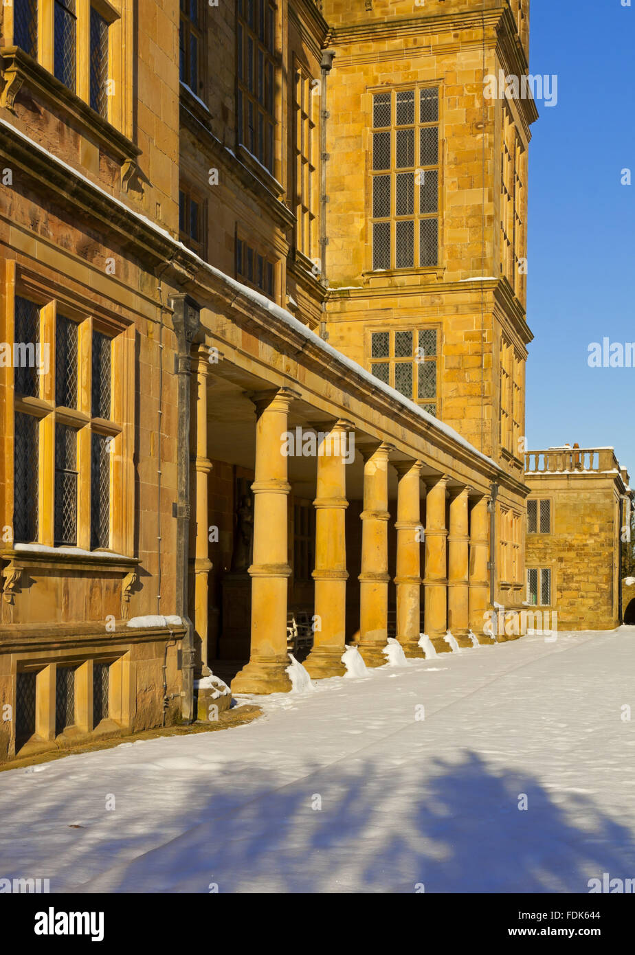 The east front of Hardwick Hall, Derbyshire, in the snow Stock Photo ...
