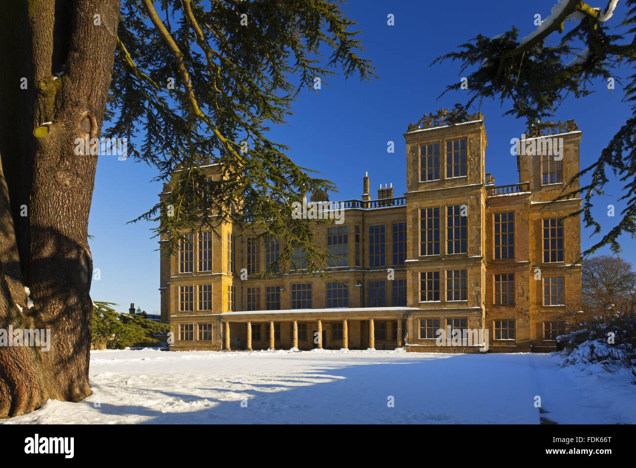The west front of Hardwick Hall, Derbyshire, in the snow Stock Photo ...