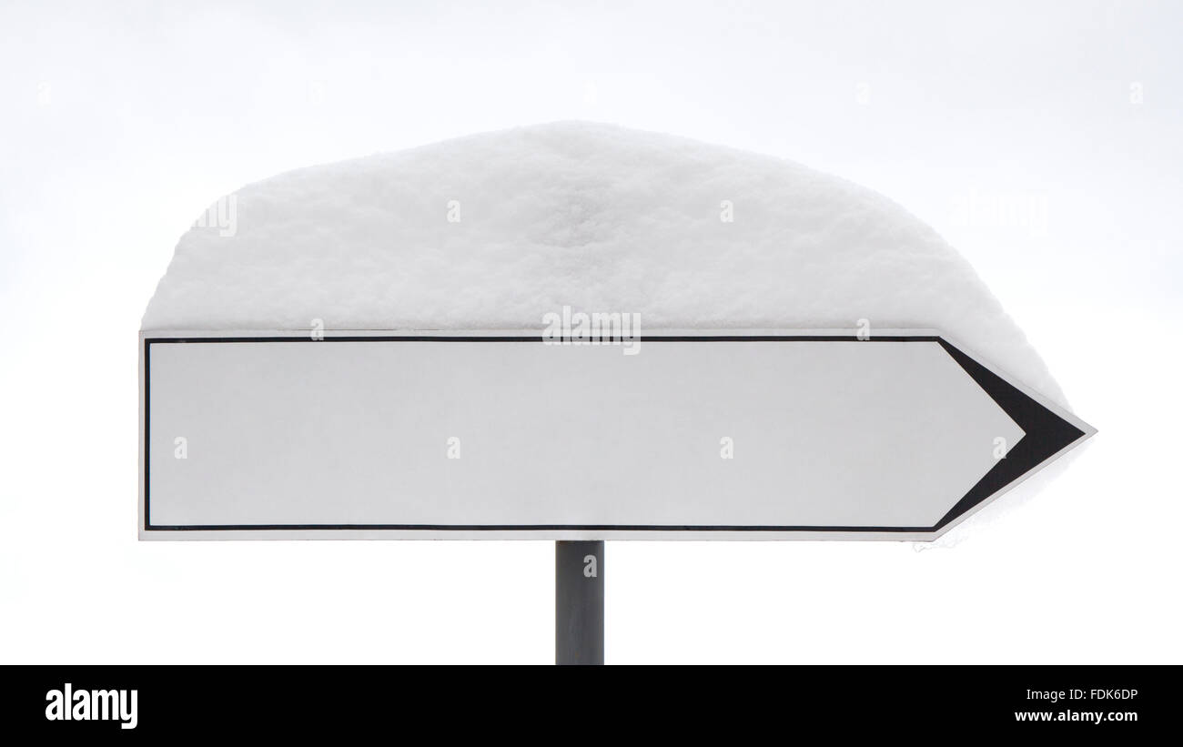 White blank metal sign post showing a right direction with a snow hat ...
