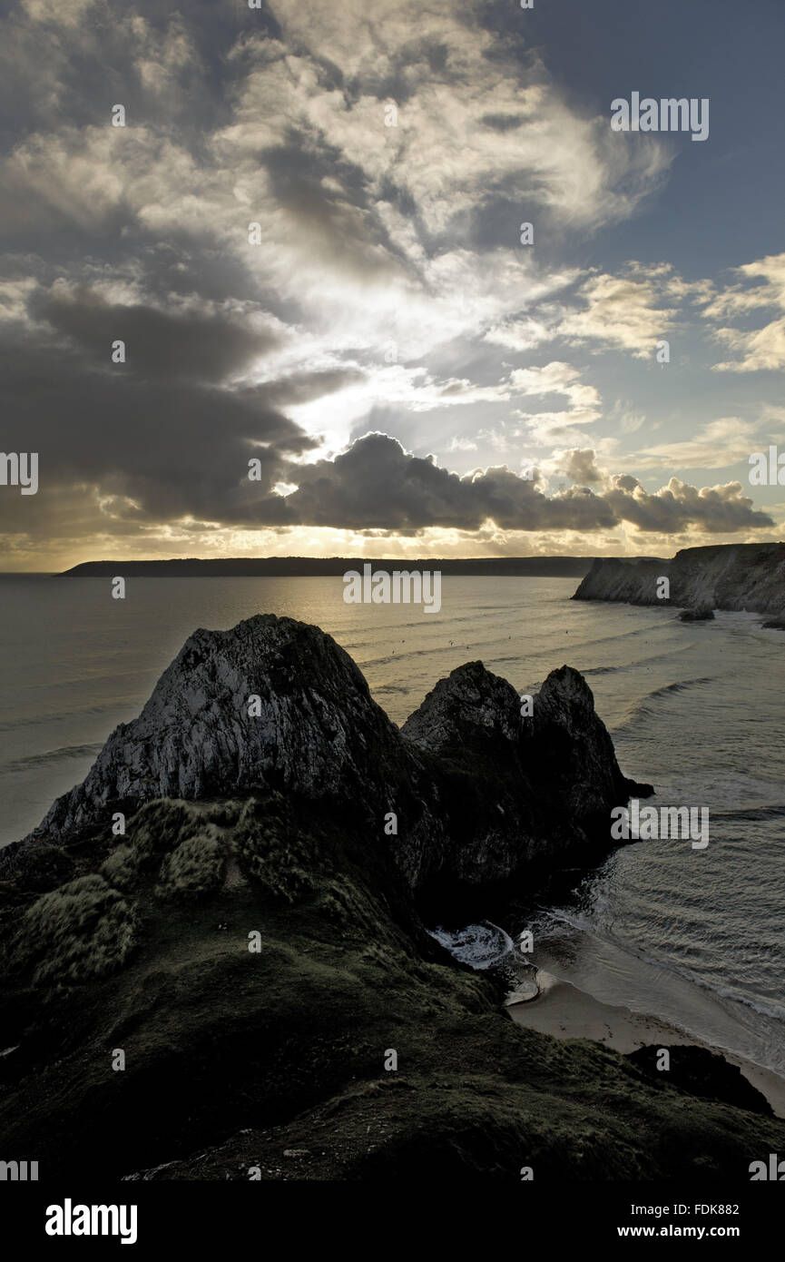 Sunset at Three Cliffs Bay, Pennard, Gower, Wales Stock Photo - Alamy