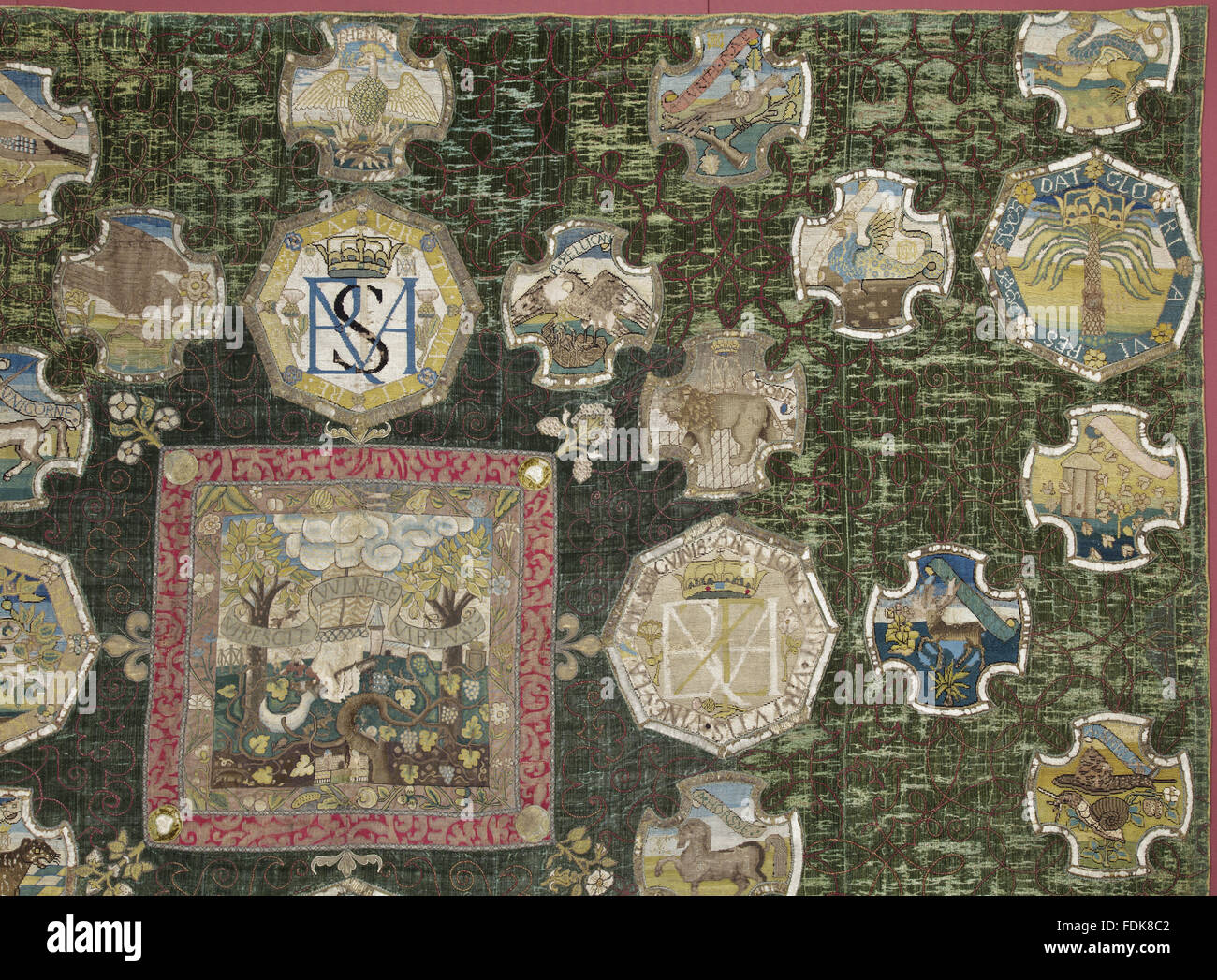 Close view of part of the Marian hangings at Oxburgh Hall, Norfolk. The ...