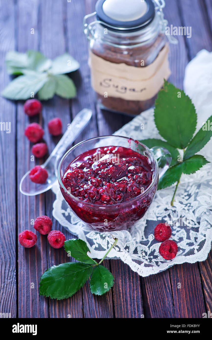 raspberry jam in glass cup and on a table Stock Photo - Alamy