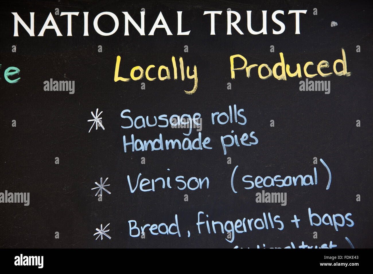 A sign outside the National Trust cafe showing locally produced food is ...