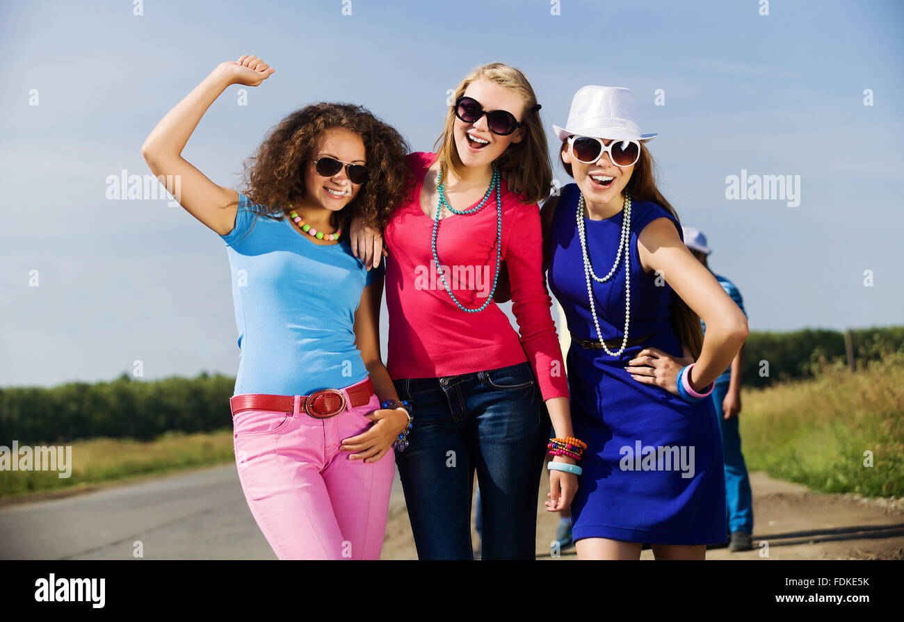Attractive Young Women Having Fun Outdoors Summer Vacation Stock Photo