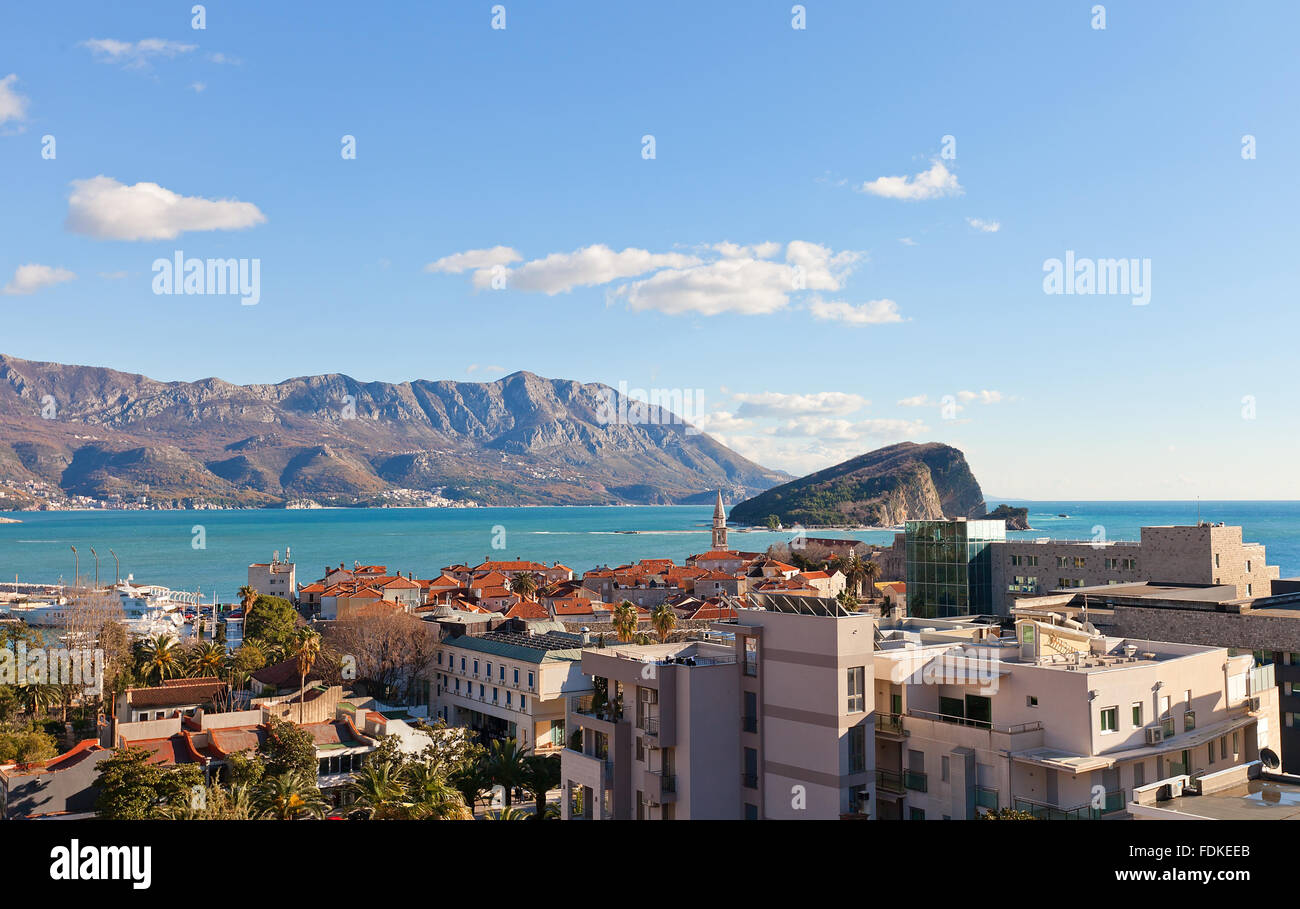 View of Budva bay, Zavala Peninsula, St. Nicholas island and the Old ...