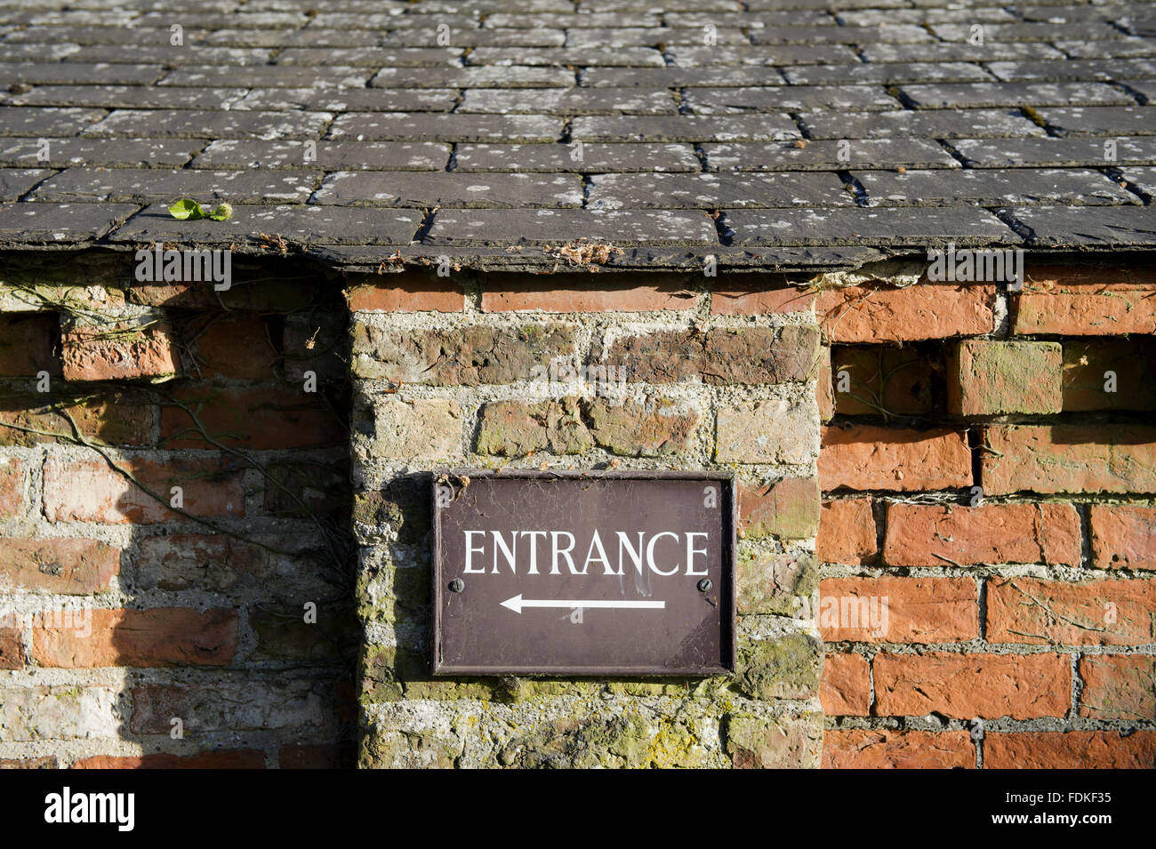 An entrance sign on a brick wall at Beningbrough Hall, North Yorkshire ...