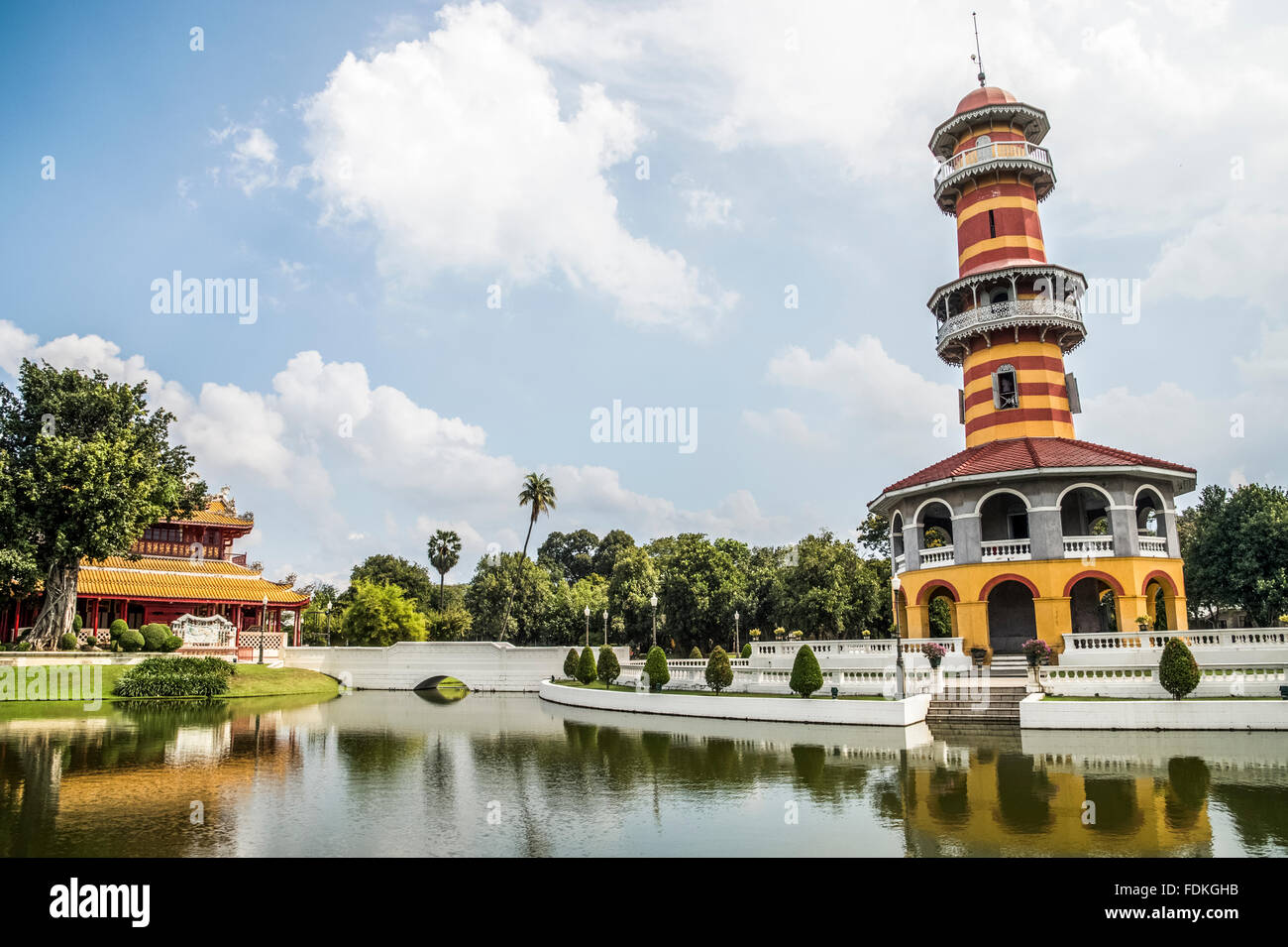 Decorative observatory and gardens at the summer palace of Bang Pa-In ...