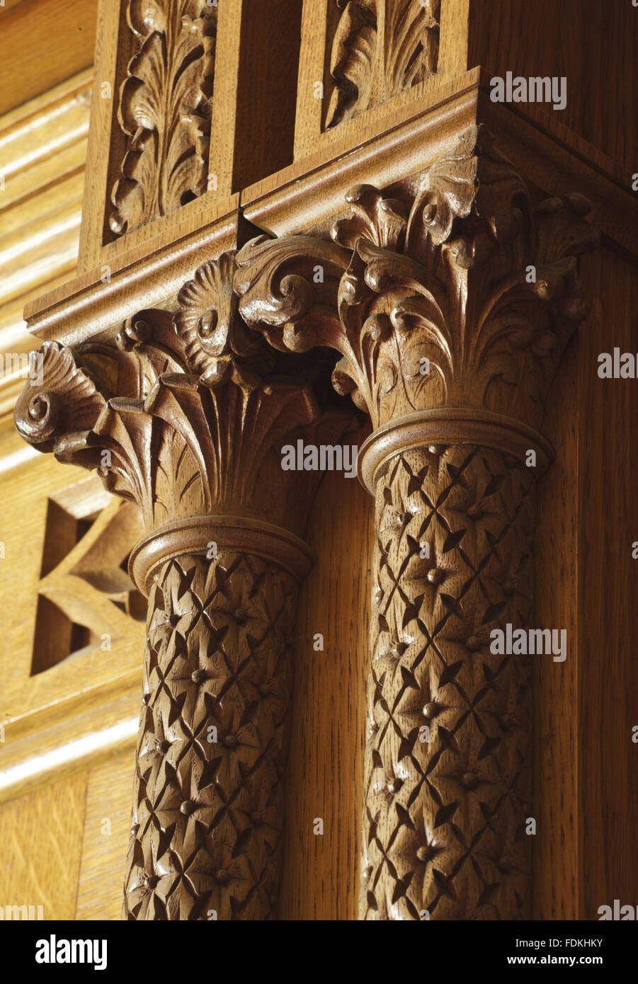 Close details of wood column carving in the Oak Room at Tyntesfield ...