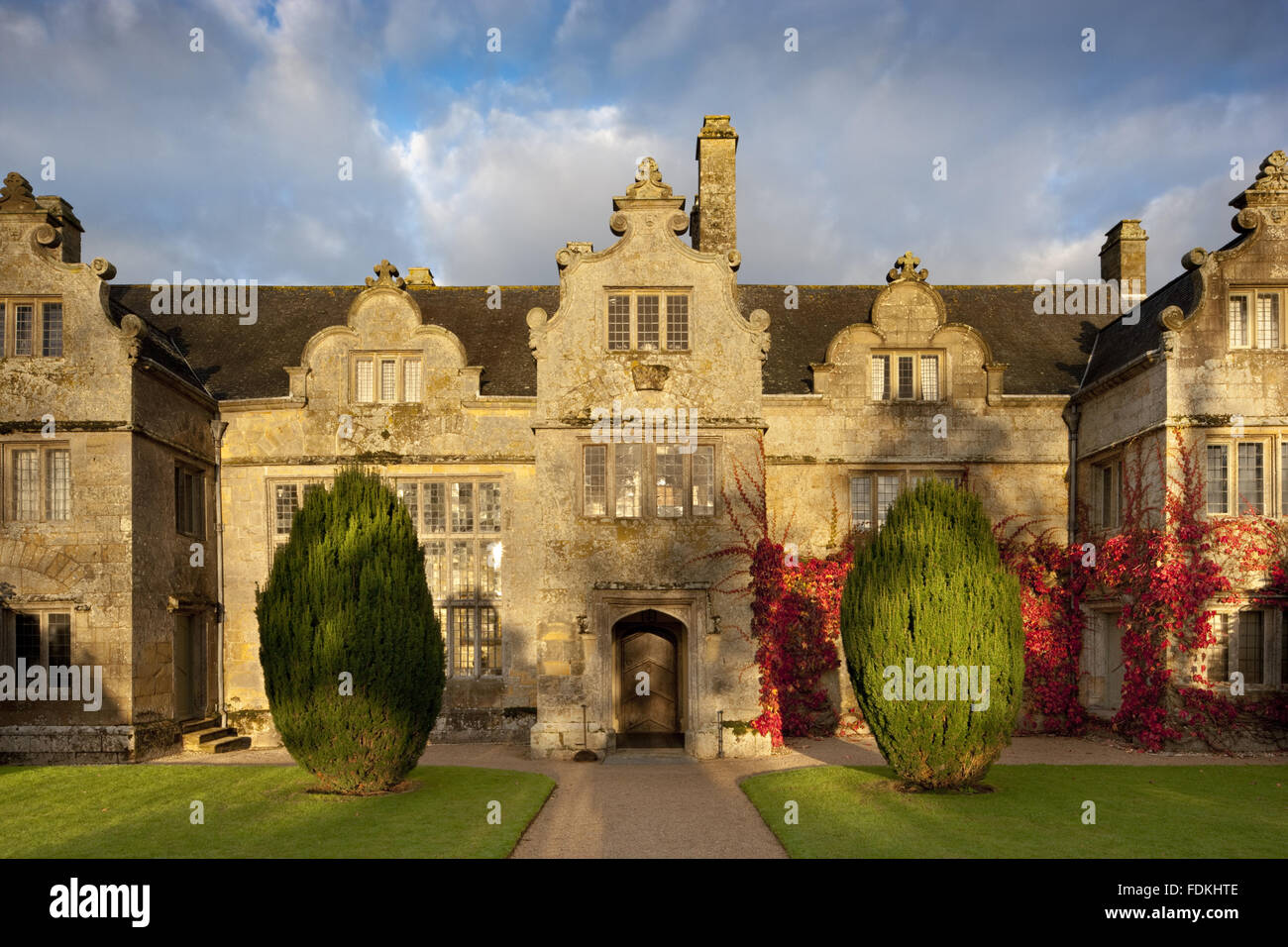 The east front at Trerice, Cornwall. This facade of the manor house is ...