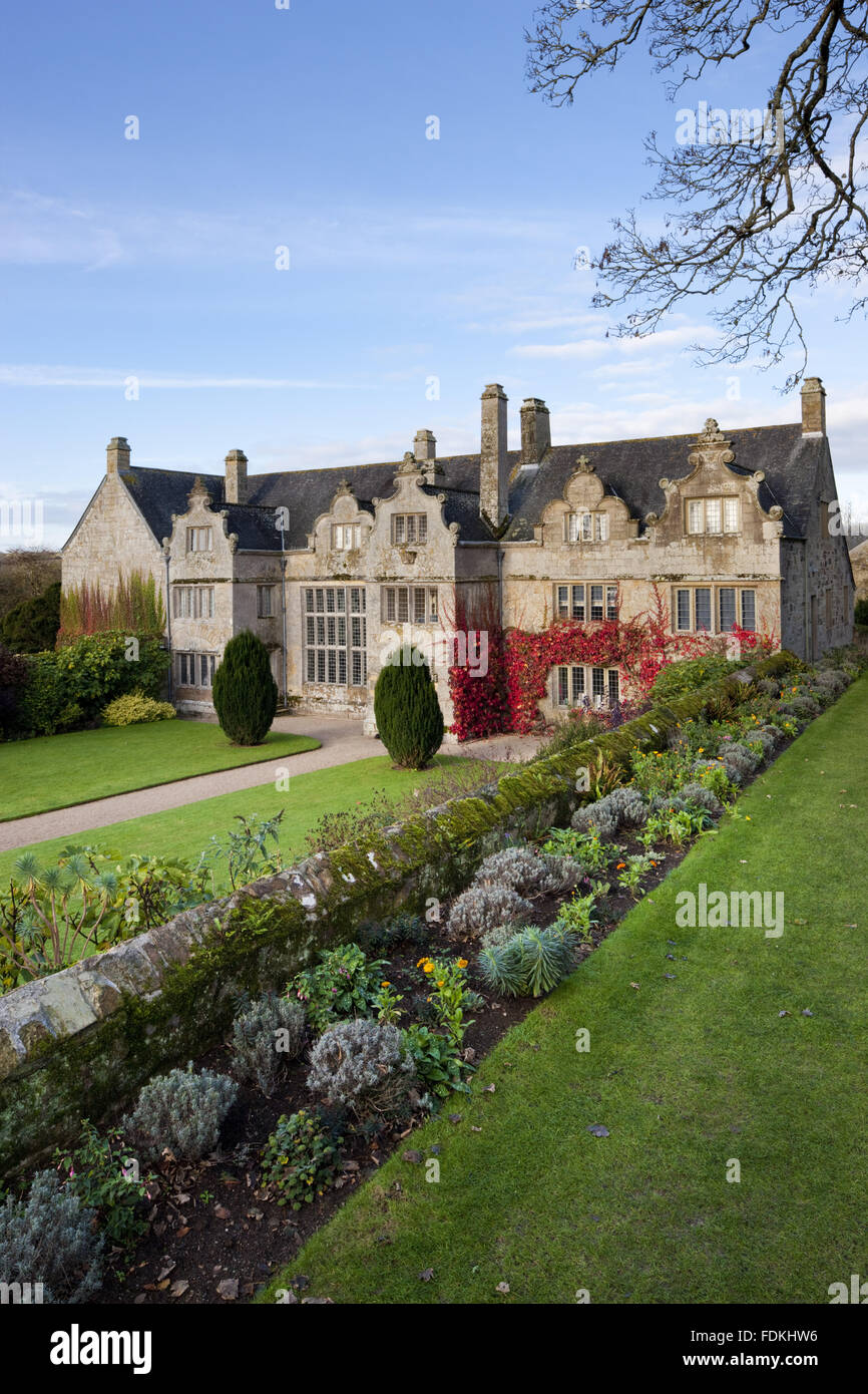 The east front at Trerice, Cornwall. This facade of the manor house is ...